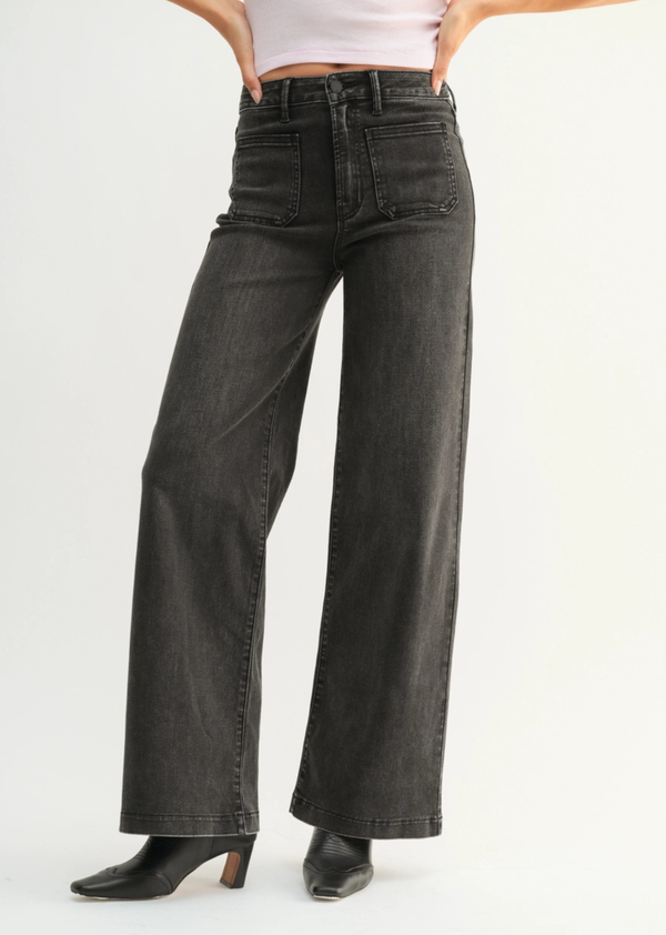 Mini Patch Pocket Wide Leg Jeans - Washed Black - Denise Boutique